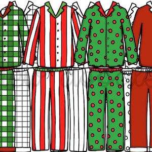 Christmas Pj's Digital Clip Art Set- Color and Black Line COMBO - Etsy