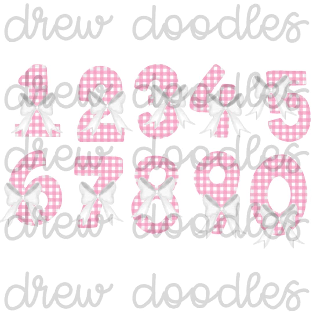 Watercolor Pink Gingham Numbers 0-9 With Bows Digital Clip Art Set ...