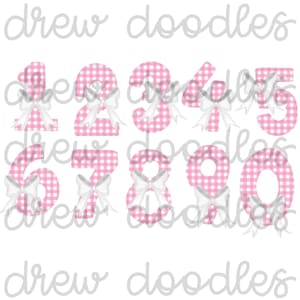 Watercolor Pink Gingham Numbers 0-9 With Bows Digital Clip Art Set ...
