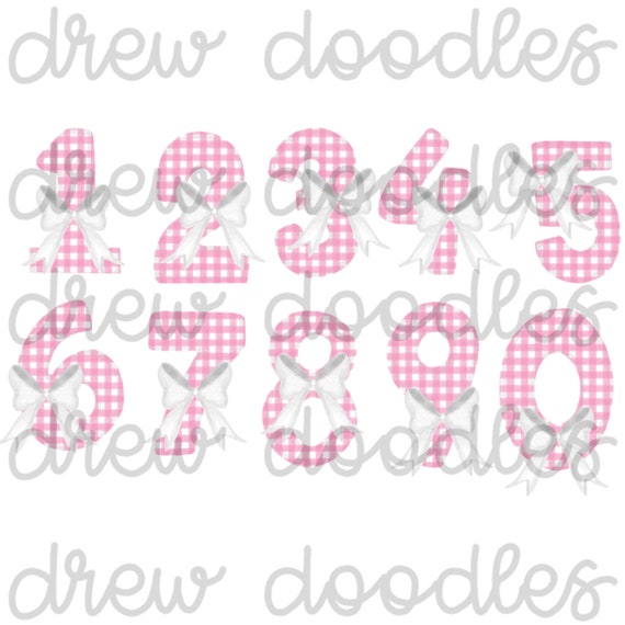 Watercolor Pink Gingham Numbers 0-9 With Bows Digital Clip Art | Etsy