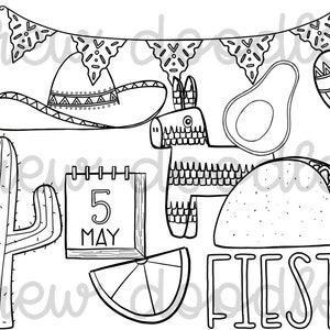 Fiesta/cinco De Mayo Digital Clip Art Set- Black Line Version- Instant ...