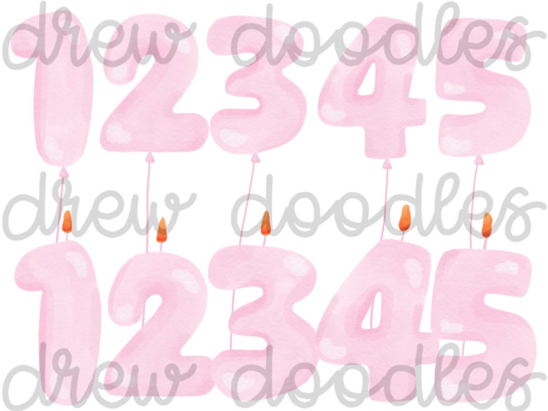 Watercolor Pink Birthday Candles & Balloons COMBO (0-9)- Digital Clip ...