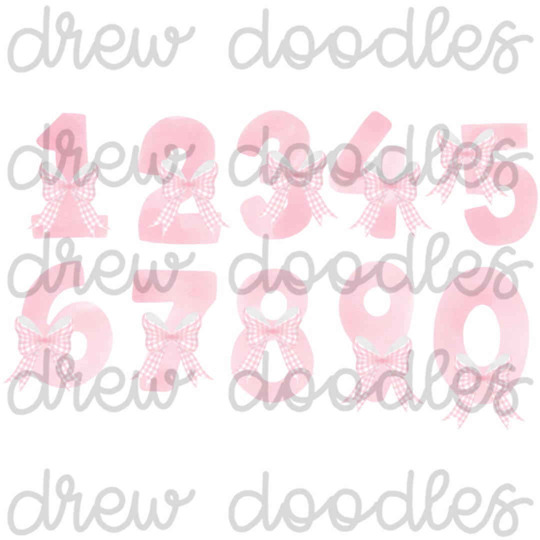 Watercolor Light Pink Gingham Bow Numbers 0-9 Digital Clip Art Set ...