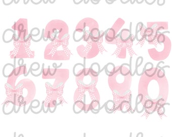 Watercolor Pink Gingham Numbers 0-9 With Bows Digital Clip Art | Etsy