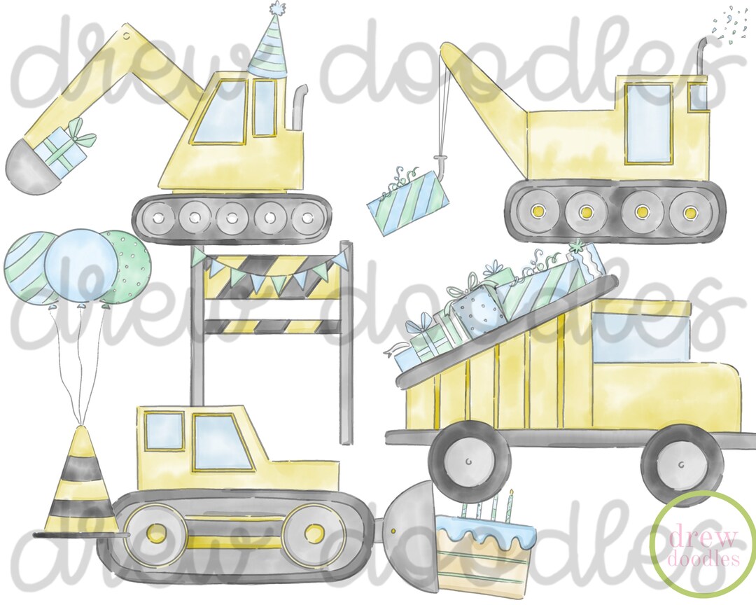 Watercolor Birthday Construction Trucks Digital Clip Art Set- Instant ...