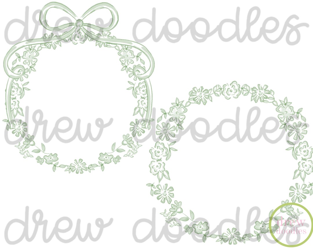 Watercolor Green Ditsy Floral Circle Bow Frames- Digital Clip Art Set ...