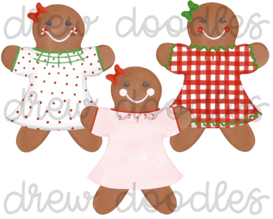 Watercolor Gingerbread Girls Clip Art: Red, Green, Pink Dresses ...
