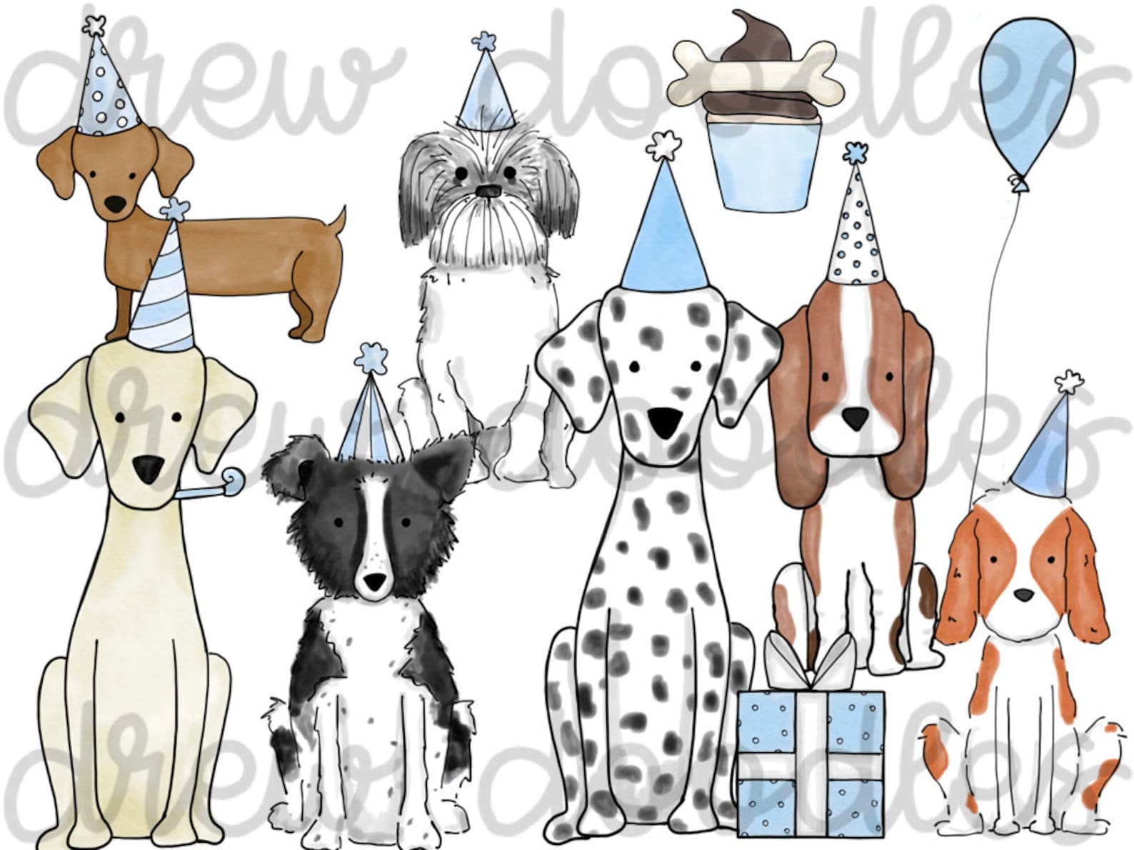 Watercolor Baby Blue Party Dogs Digital Clip Art Set- Instant Download ...