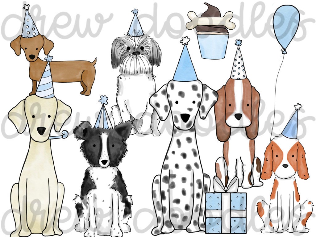 Watercolor Baby Blue Party Dogs Digital Clip Art Set Instant | Etsy