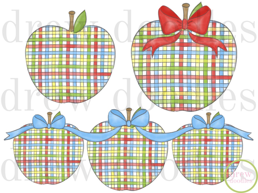 Watercolor Plaid Apples With Bows Digital Clip Art Set- Instant ...