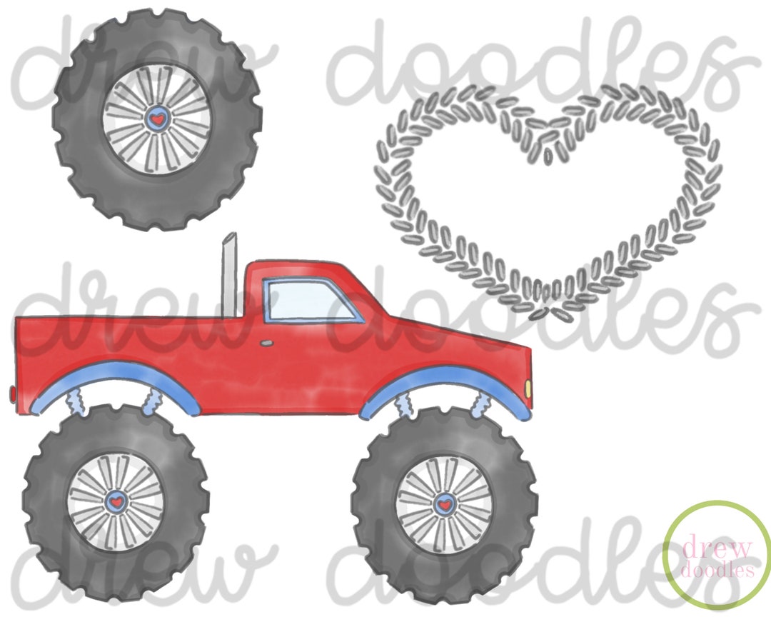 Watercolor Valentine's Day Monster Truck Digital Clip Art Set- Instant ...