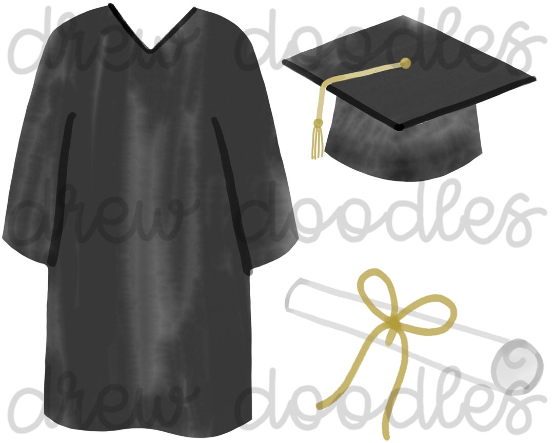 Watercolor Black Graduation Cap and Gown Digital Clip Art Set- Instant ...