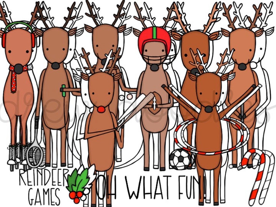 Reindeer Games Digital Clip Art Set Color and Black Line - Etsy