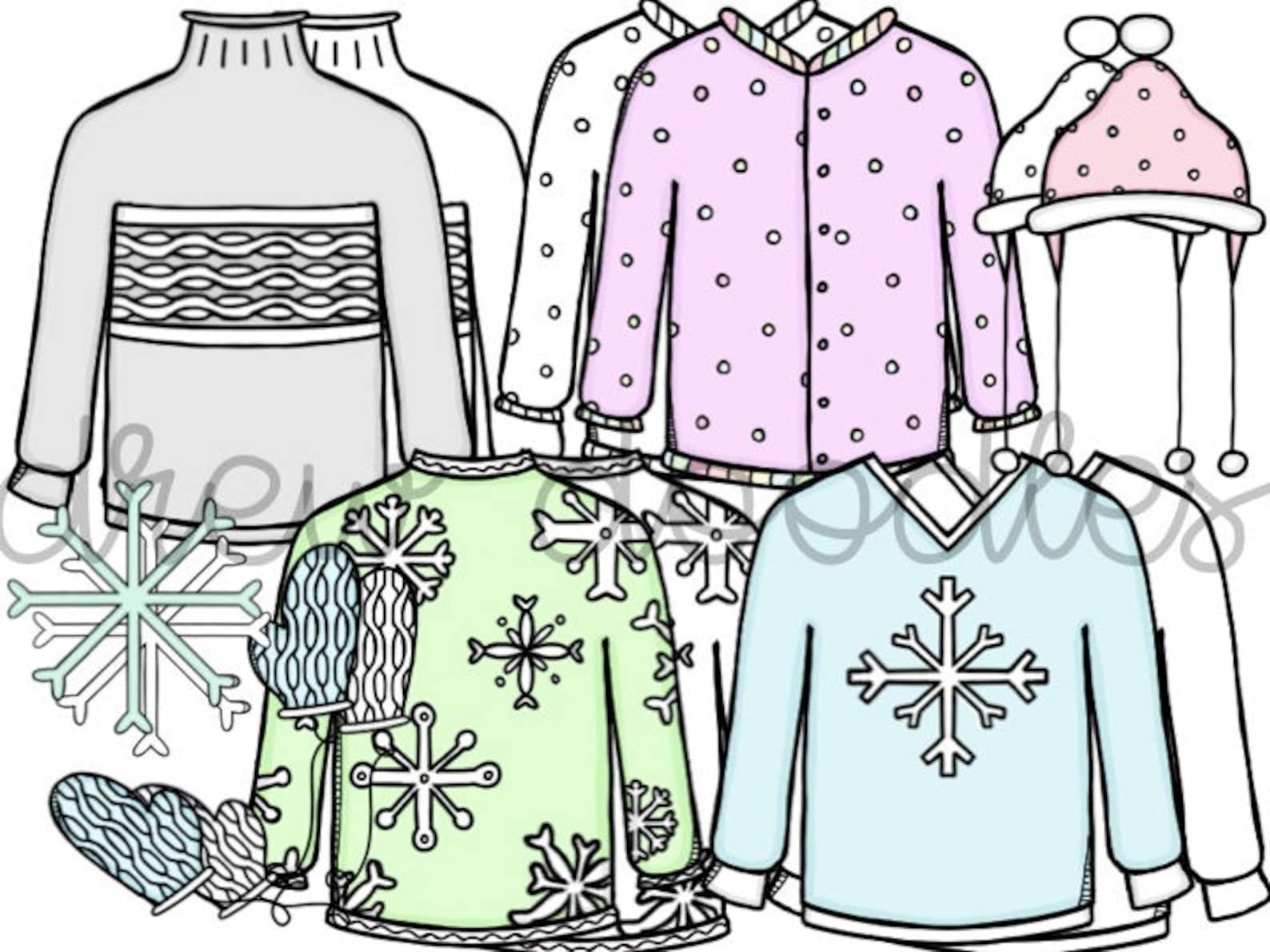 Winter Sweaters Digital Clip Art Set Color and Black Line | Etsy