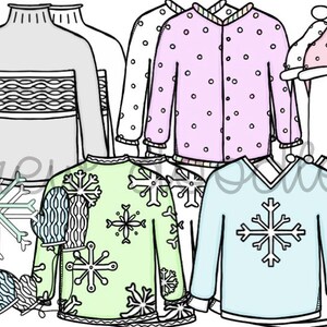 Winter Sweaters Digital Clip Art Set- Color and Black Line COMBO ...