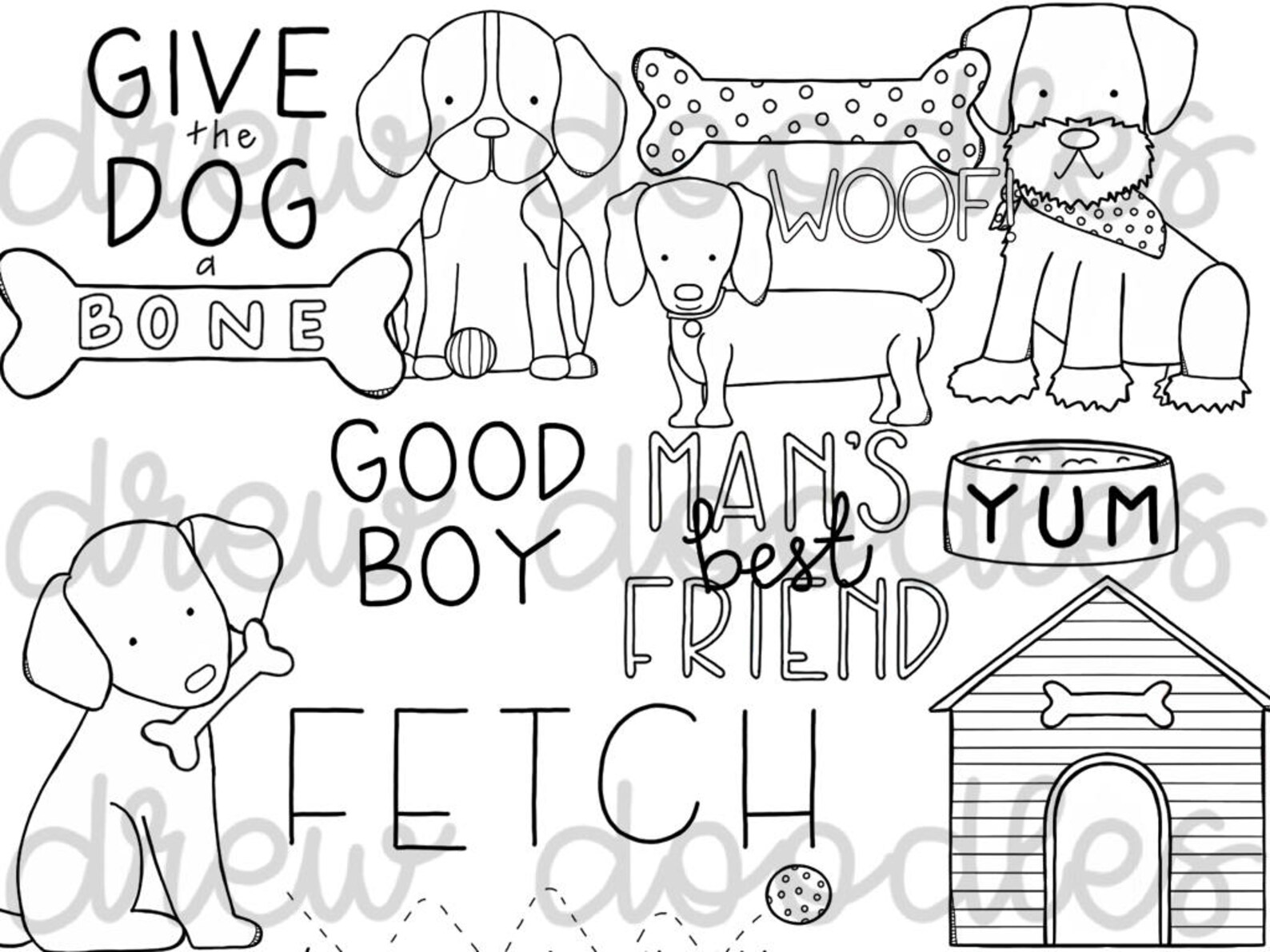 Dog Doodles Digital Clip Art Set Black Line Version Instant - Etsy