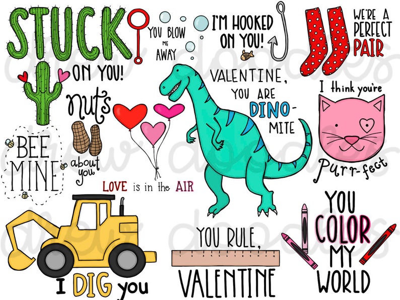 Valentine's Day Sayings Digital Clip Art Set Color and | Etsy