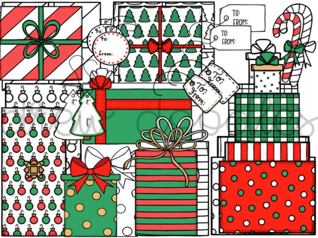 Christmas Presents Digital Clip Art Set- Color and Black Line COMBO ...