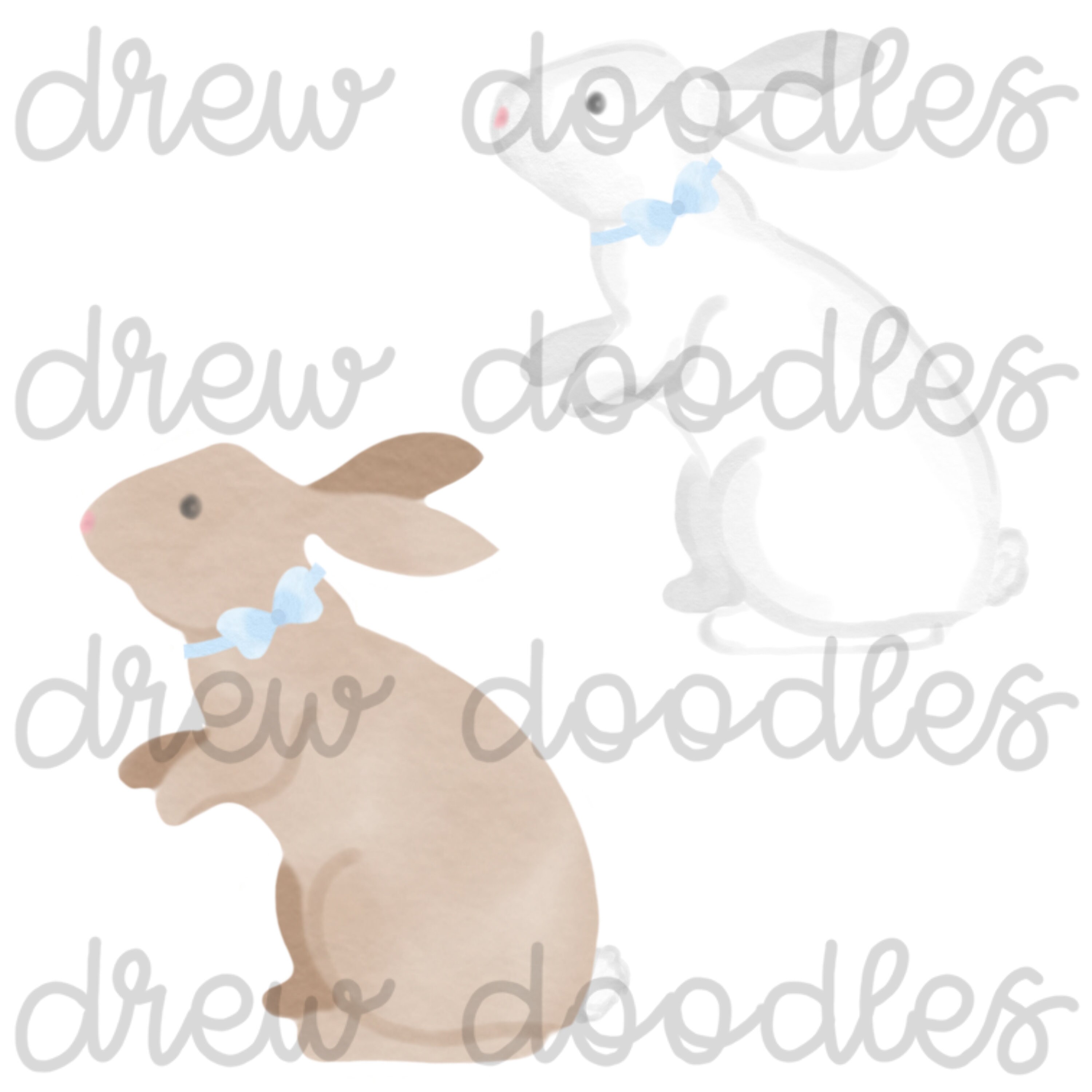 Watercolor Easter Bunnies With Blue Bow Digital Clip Art Set - Etsy