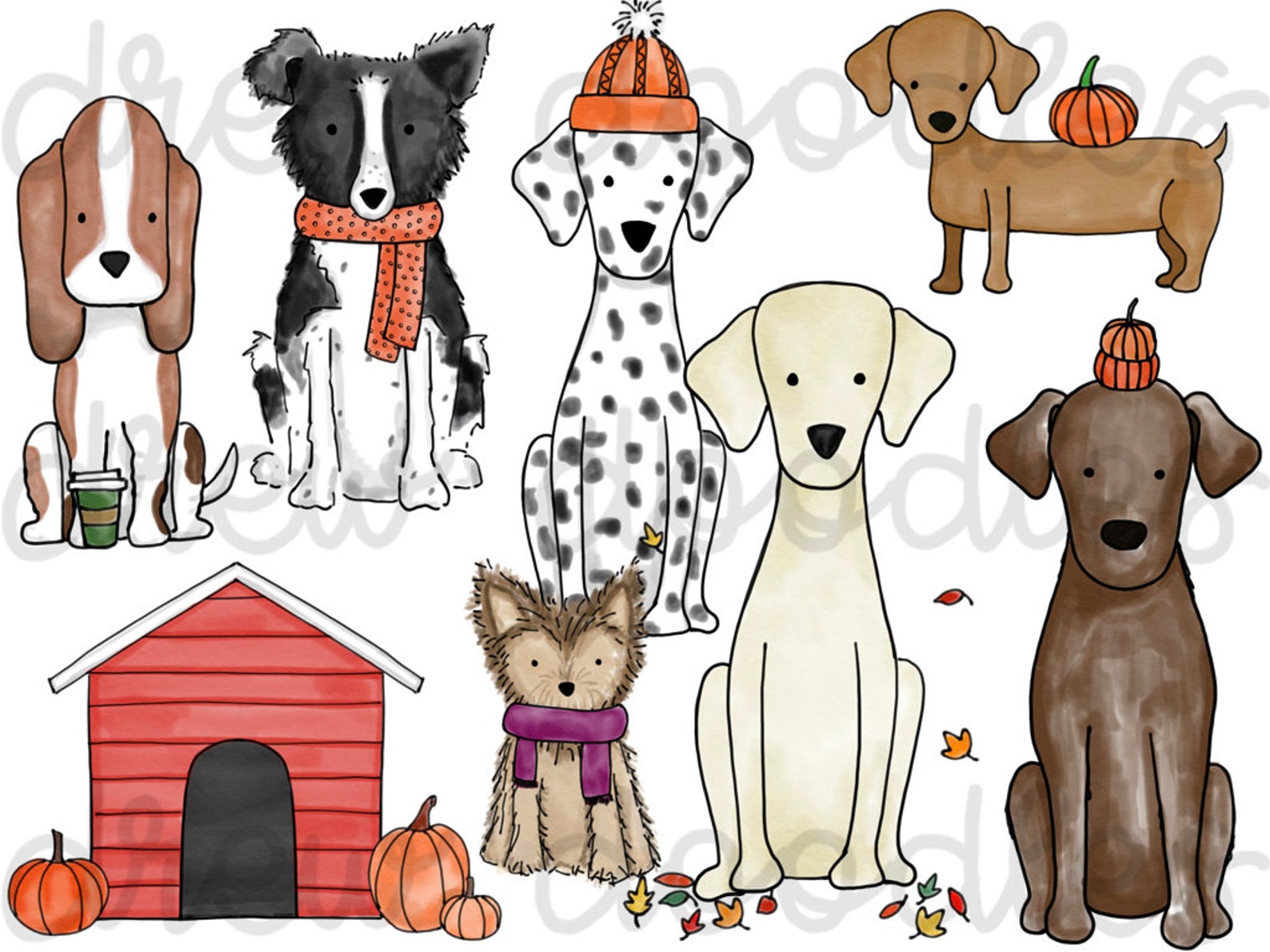 Watercolor Fall Dogs Digital Clip Art Set Instant Download | Etsy