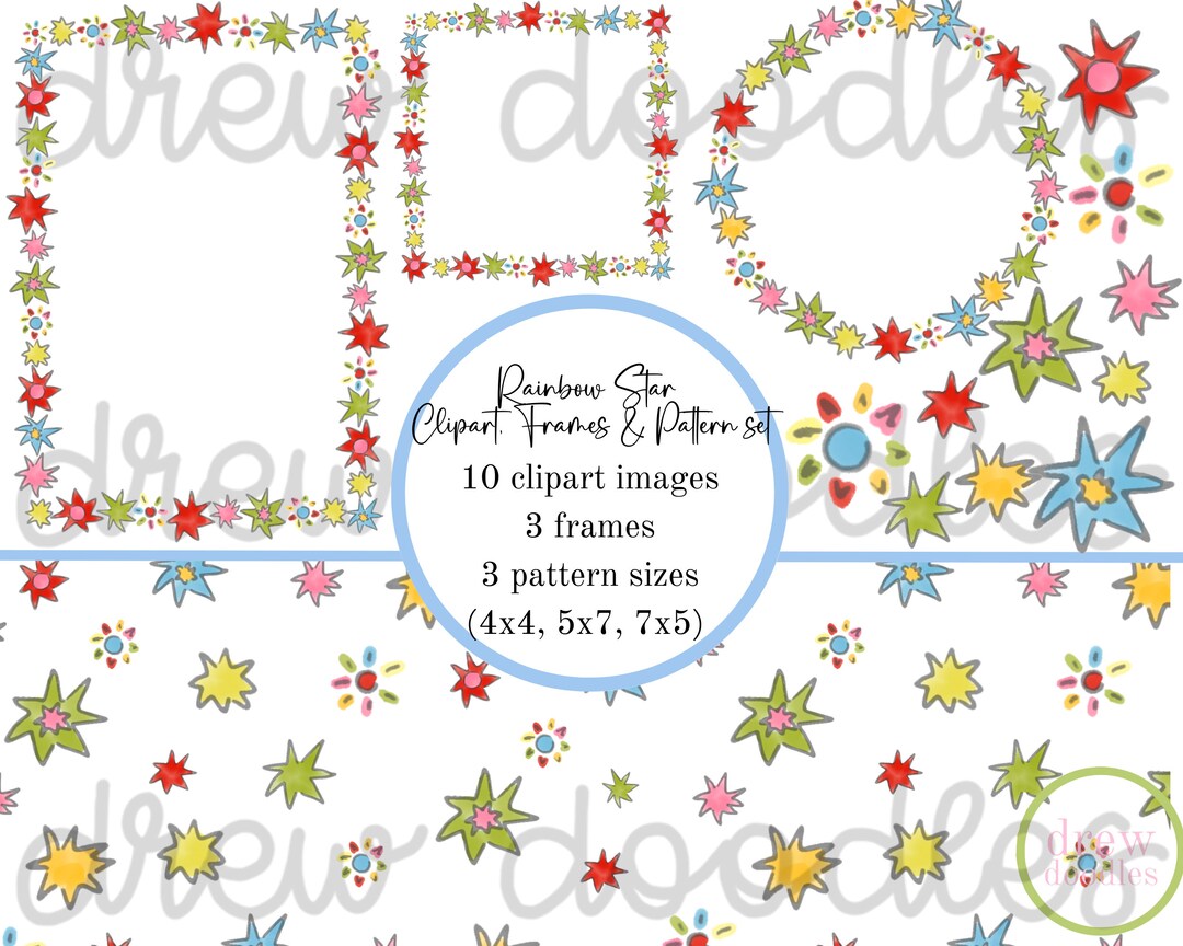 Watercolor Rainbow Star Frames, Clip Art, and Patterns COMBO- Instant ...