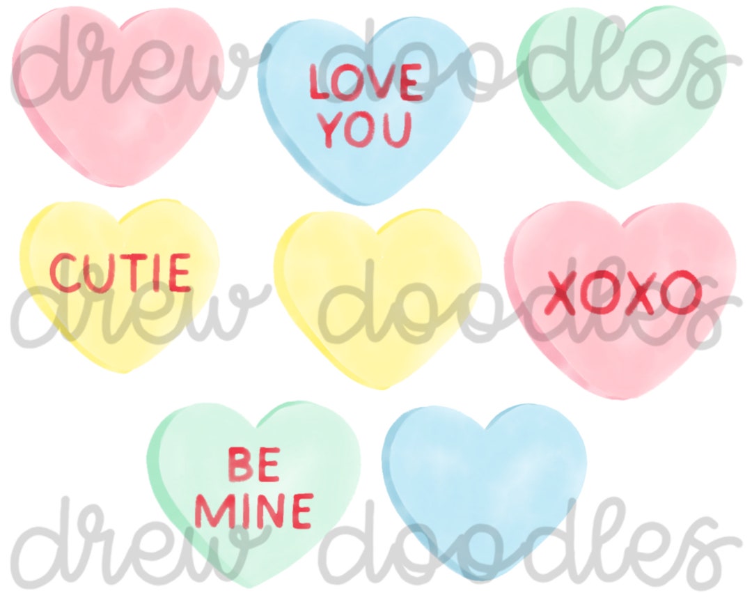 Watercolor Valentine's Day Conversation Hearts Candy Hearts Digital ...