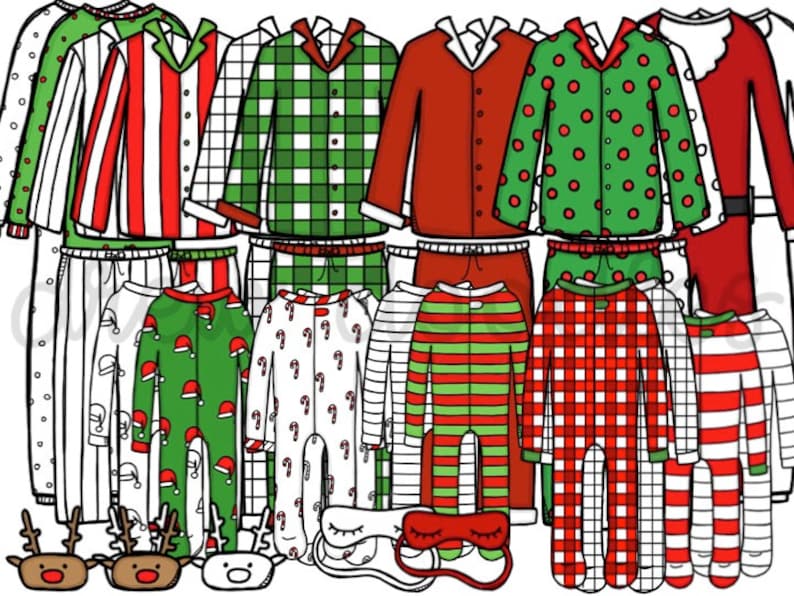 Christmas Pj's Digital Clip Art Set- Color and Black Line COMBO - Etsy