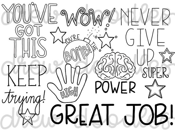 Positive Messages Doodles Digital Clip Art Set Black Line | Etsy