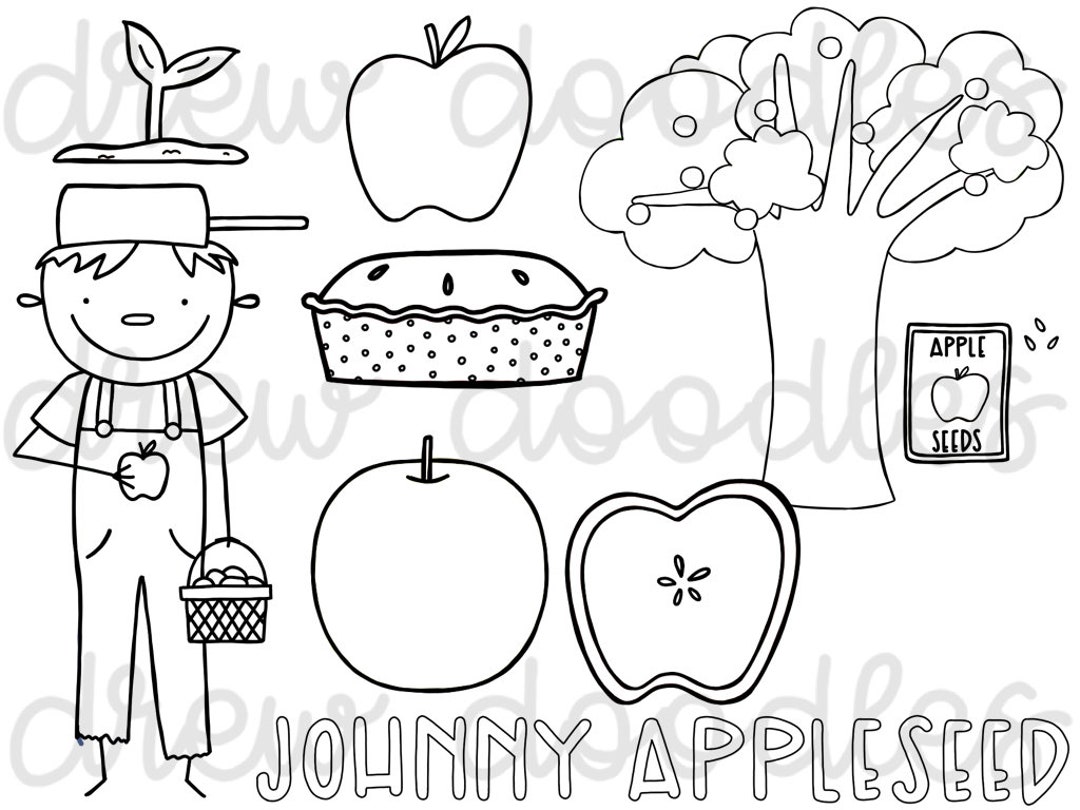 Johnny Appleseed Digital Clip Art Set Black Line Version Instant ...