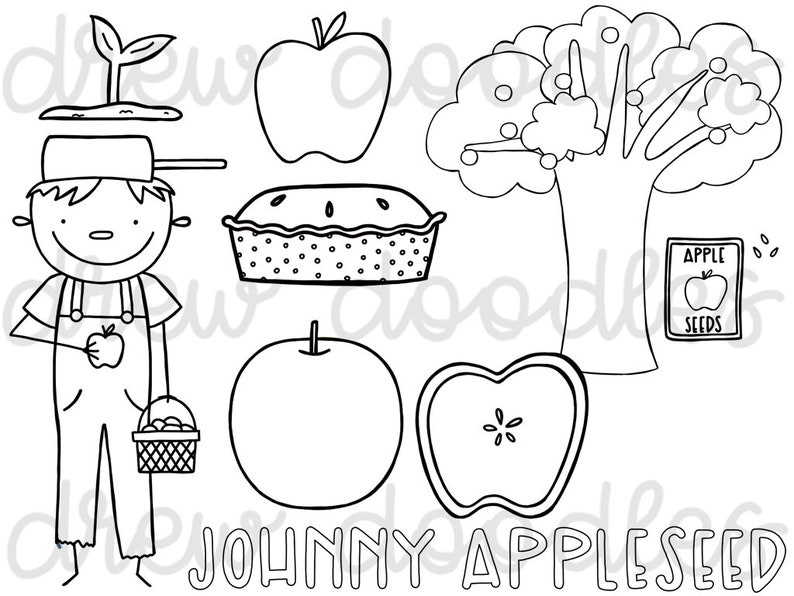 Johnny Appleseed Digital Clip Art Set Black Line Version | Etsy
