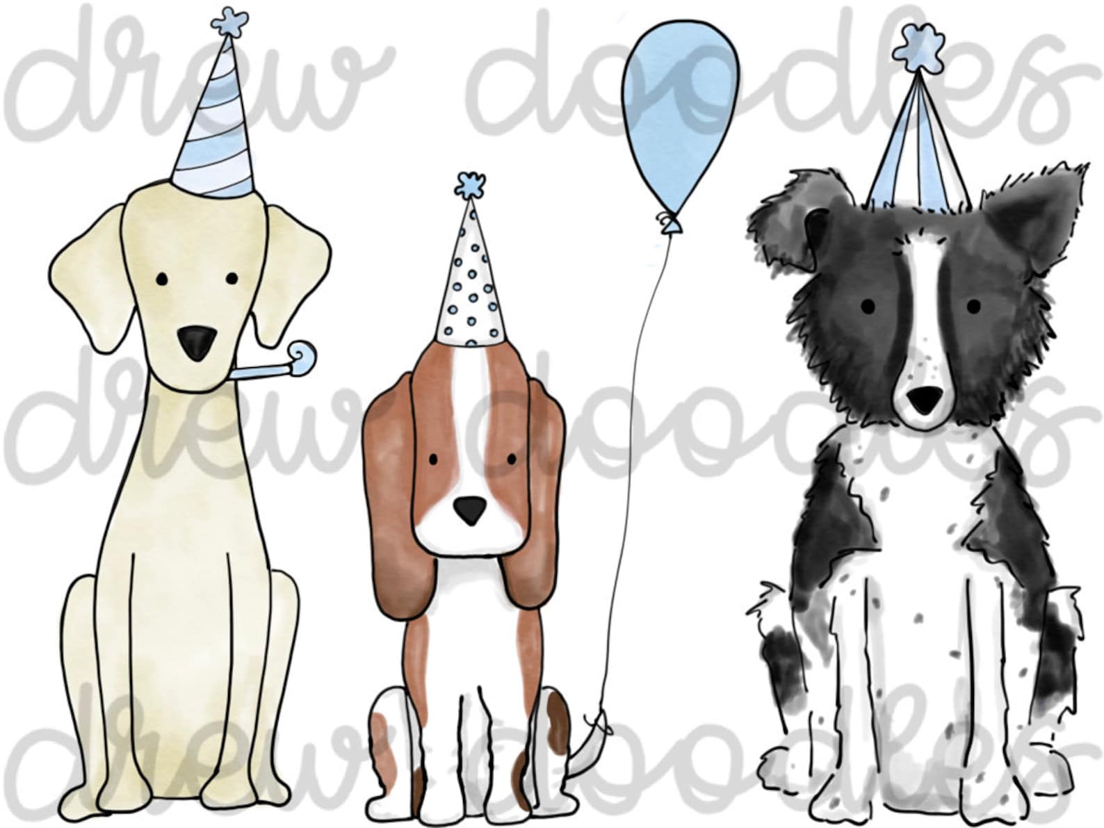 Watercolor Baby Blue Party Dogs Digital Clip Art Set- Instant Download ...