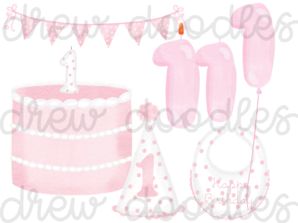 Watercolor Baby Girl First Birthday Digital Clip Art Set | Etsy