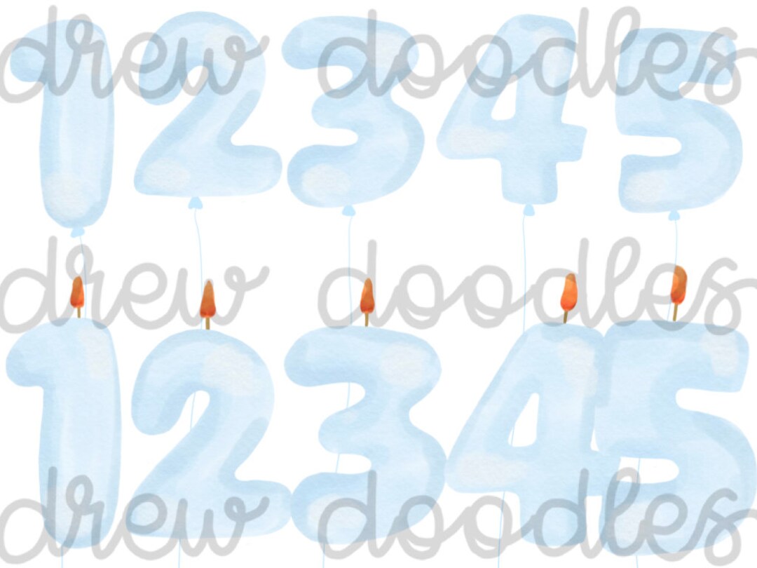 Watercolor Blue Number Candles & Balloons (0-9) Digital Clip Art Set ...
