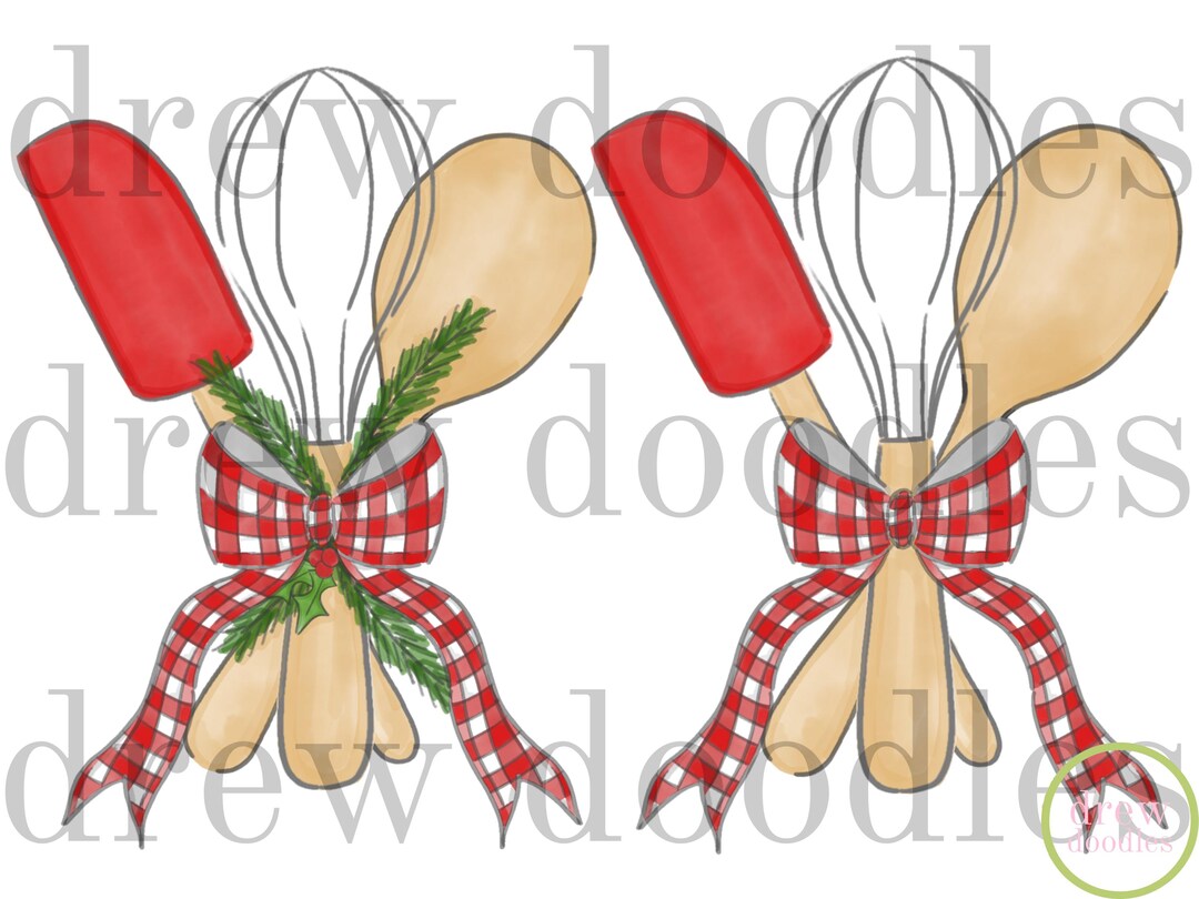 Watercolor Red Bow Holly Berry Christmas Kitchen Utensils- Digital Clip ...
