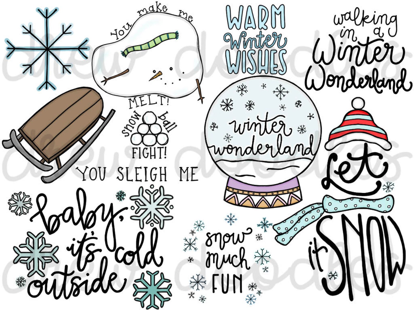 Snow Doodles Digital Clip Art Set Instant Download - Etsy