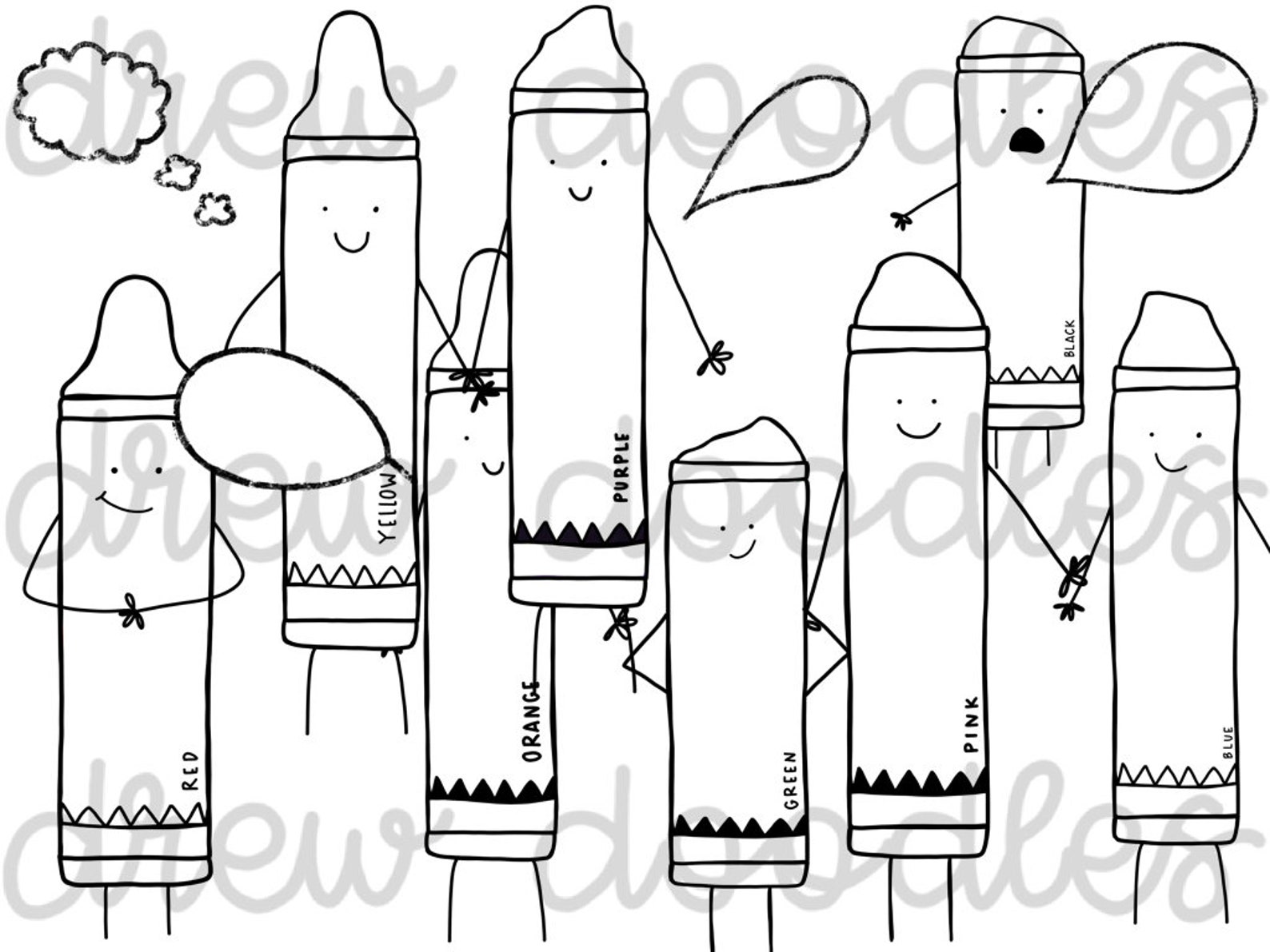 Crayon Characters Digital Clip Art Set Black Line Version | Etsy