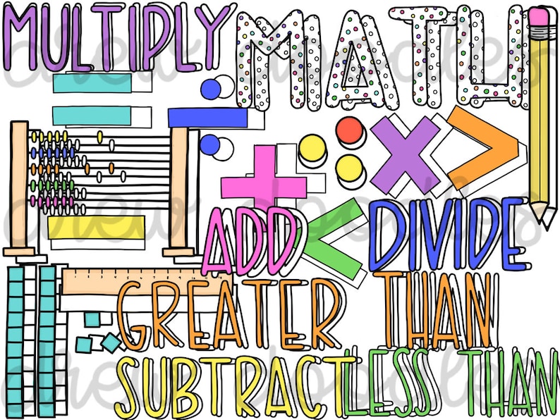 Math Doodles Digital Clip Art Set Color and Black Line COMBO | Etsy