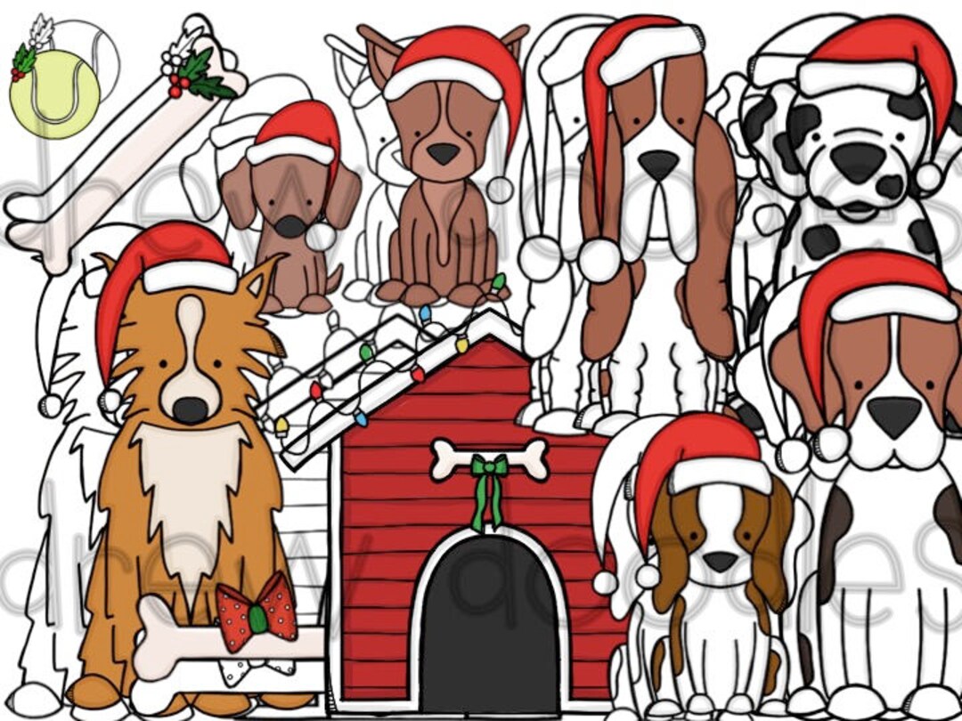 Santa Paws Digital Clip Art Set- Color and Black Line COMBO- Instant ...
