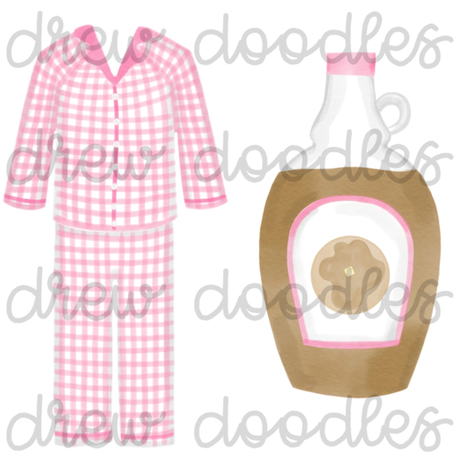 Watercolor Pink Gingham Pajamas and Pancakes Digital Clip Art | Etsy