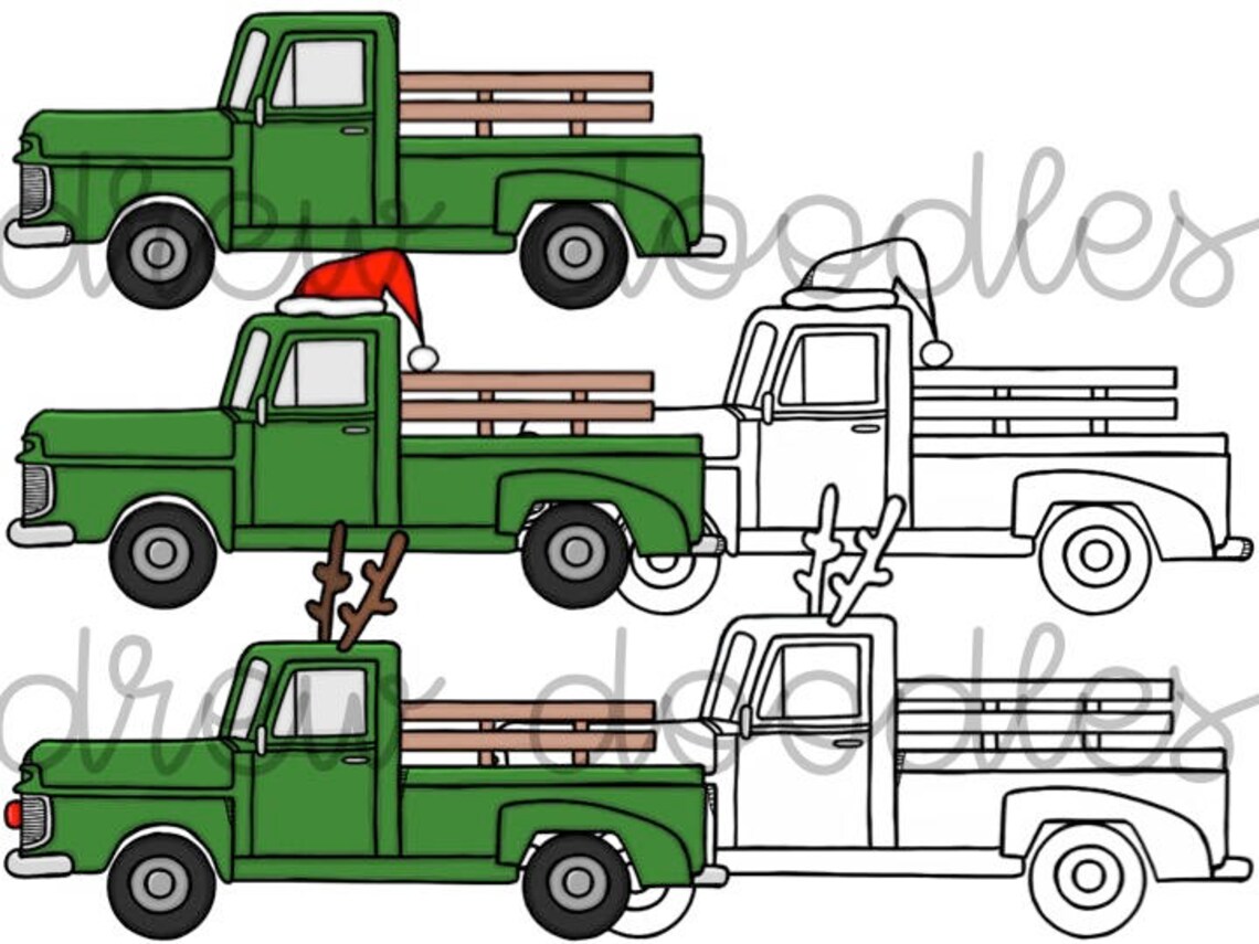 Christmas Trucks Digital Clip Art Set Color and Black Line - Etsy