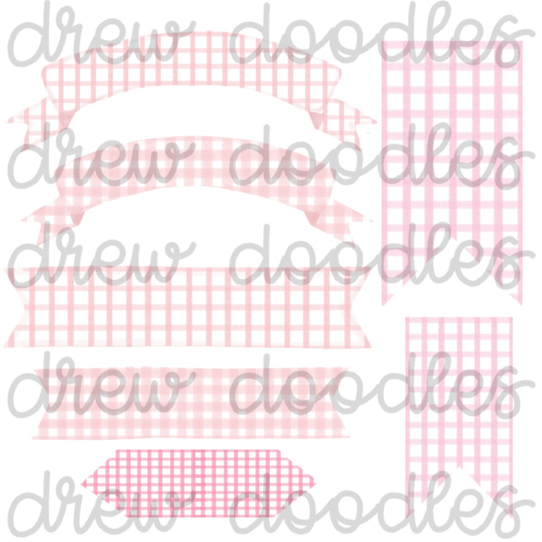 Watercolor Pink Gingham Banners Digital Clip Art Set- Instant Download ...