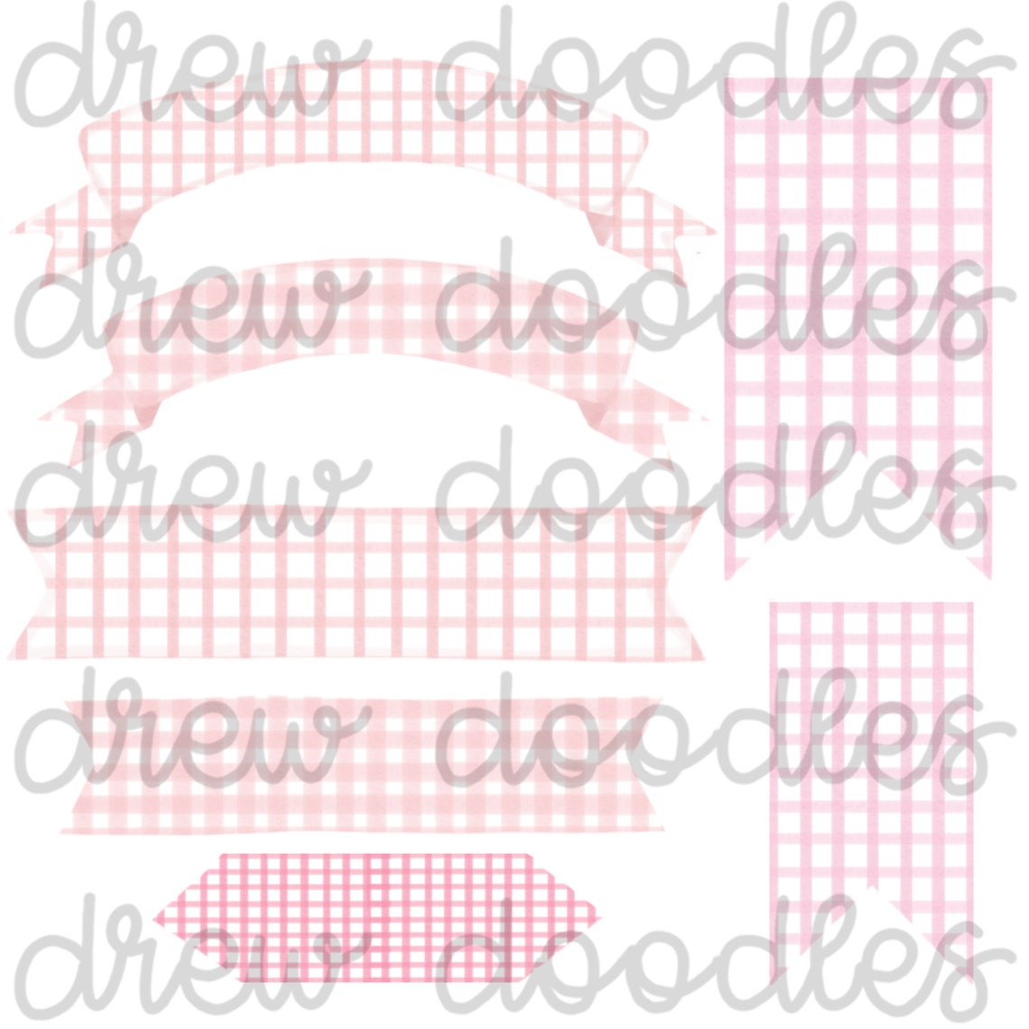 Watercolor Pink Gingham Banners Digital Clip Art Set Instant - Etsy
