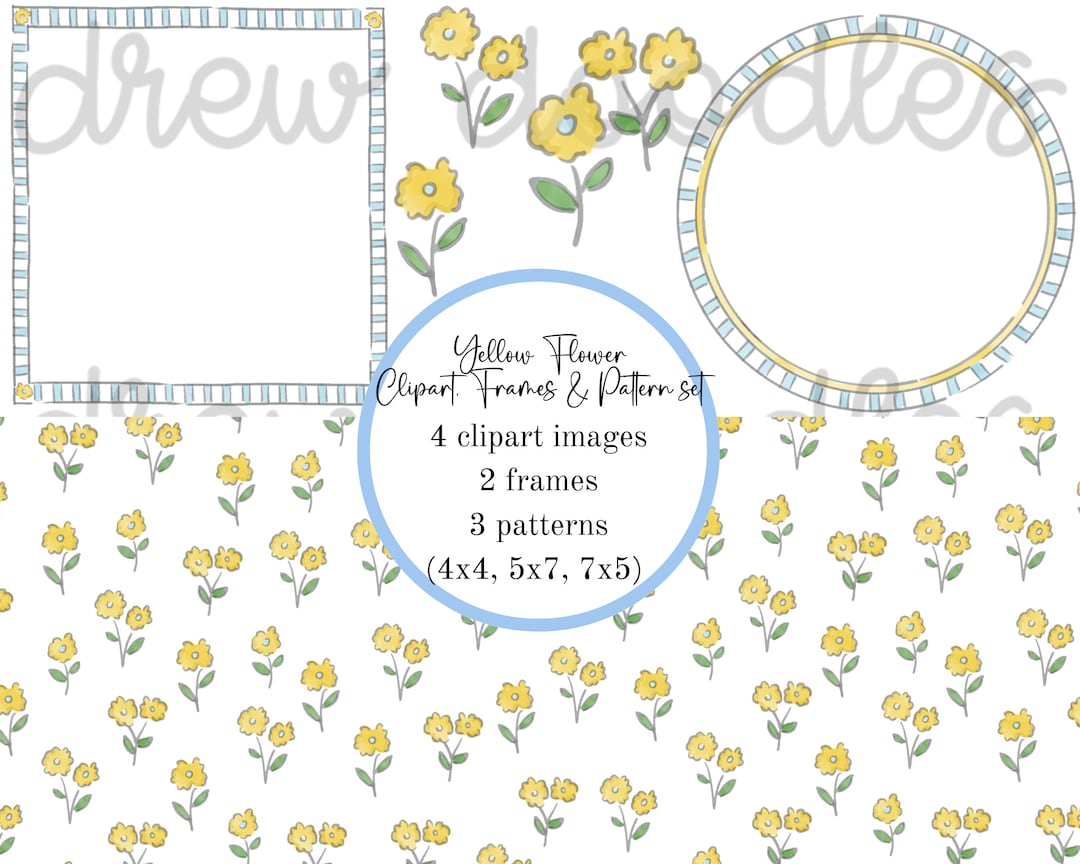 Watercolor Yellow Flower Frames, Clip Art, and Pattern COMBO- Instant ...