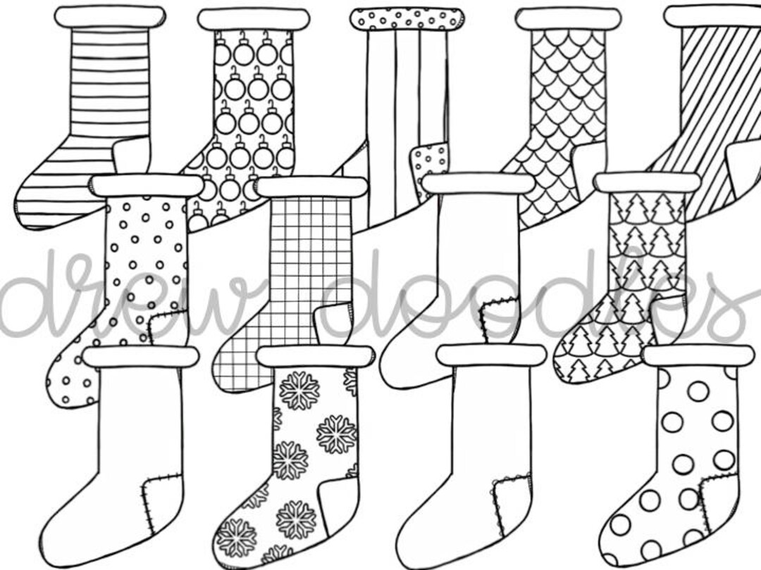 Christmas Stockings Digital Clip Art Set- Black Line Version- Instant ...