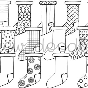 Christmas Stockings Digital Clip Art Set- Black Line Version- Instant ...