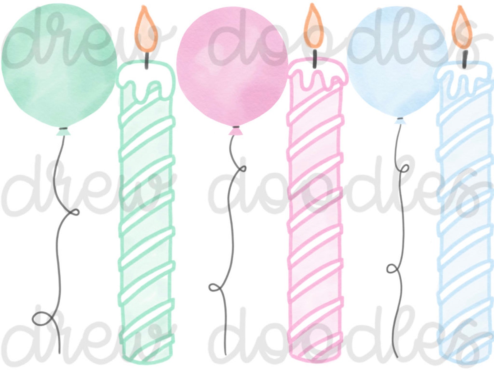Watercolor Birthday Candles and Balloons Digital Clip Art Set - Etsy