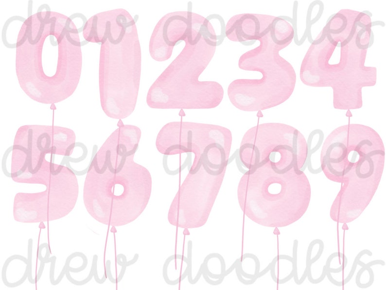 Watercolor Pink Number Balloons Digital Clip Art Set Instant | Etsy