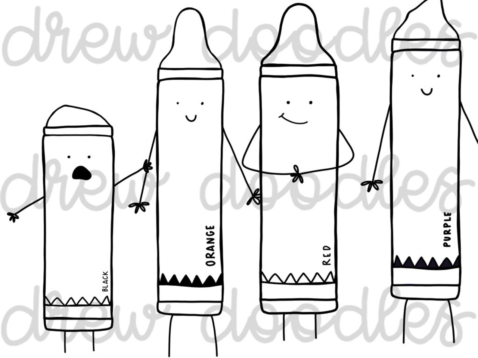 Crayon Characters Digital Clip Art Set Black Line Version | Etsy
