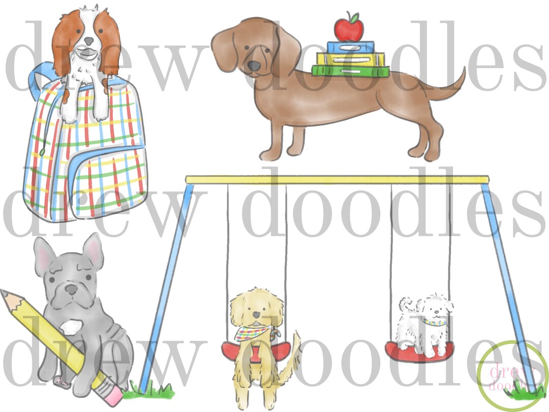 Watercolor School Dogs Puppies Digital Clip Art Set- Instant Download ...