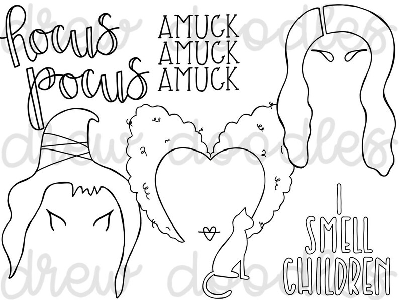 Hocus Pocus Digital Clip Art Set Black Line Version Instant - Etsy